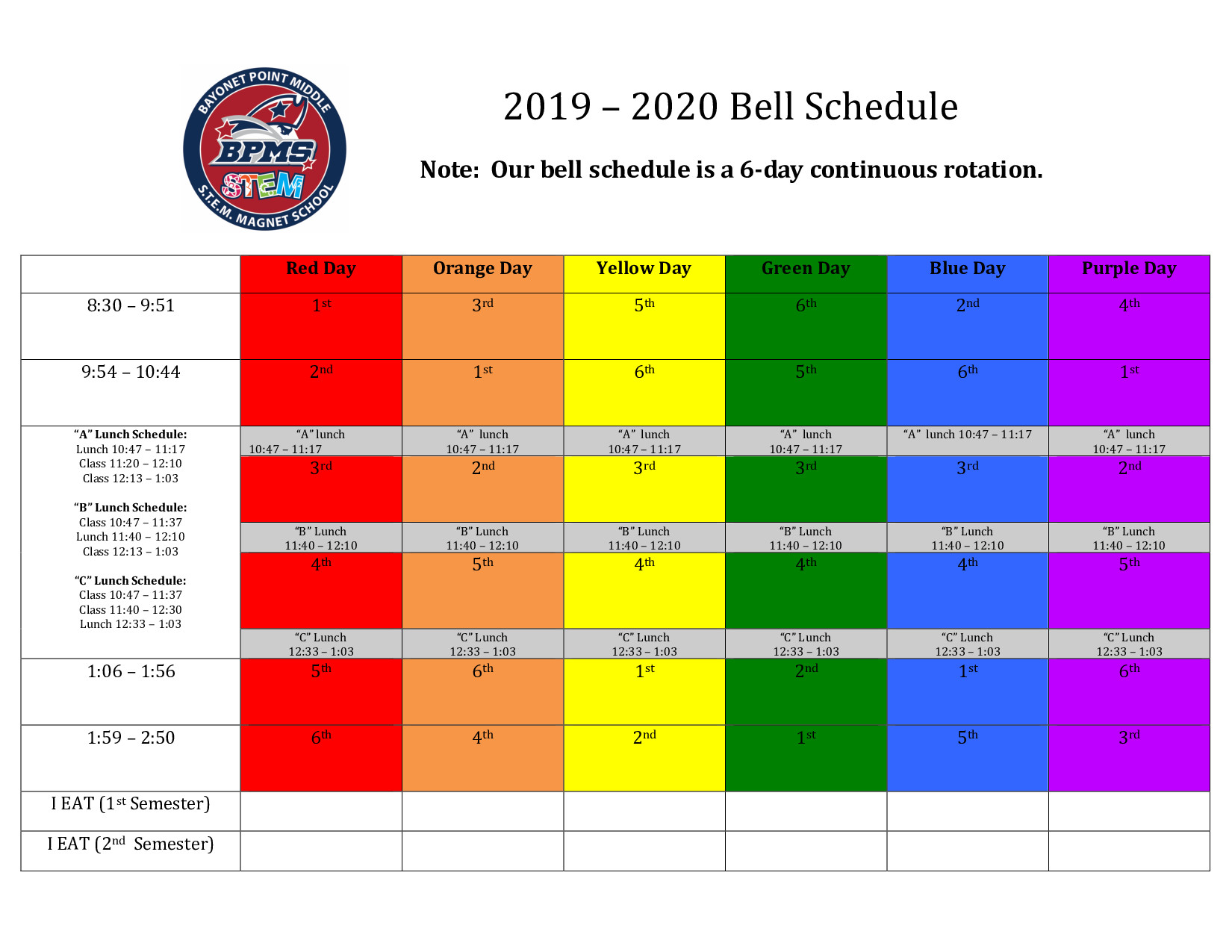 Bell Schedules Bayonet Point Middle School